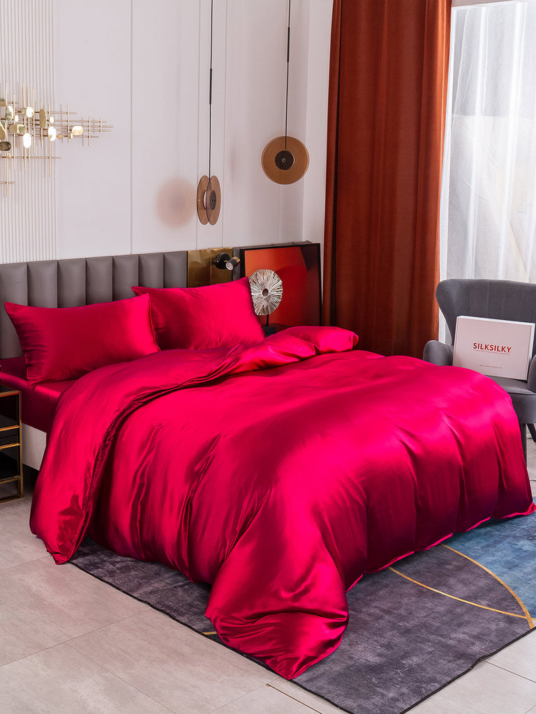 Silksilky 19Momme Silk Sheet Set 4Pcs Silk Doona Cover Satin Pillowcase ...